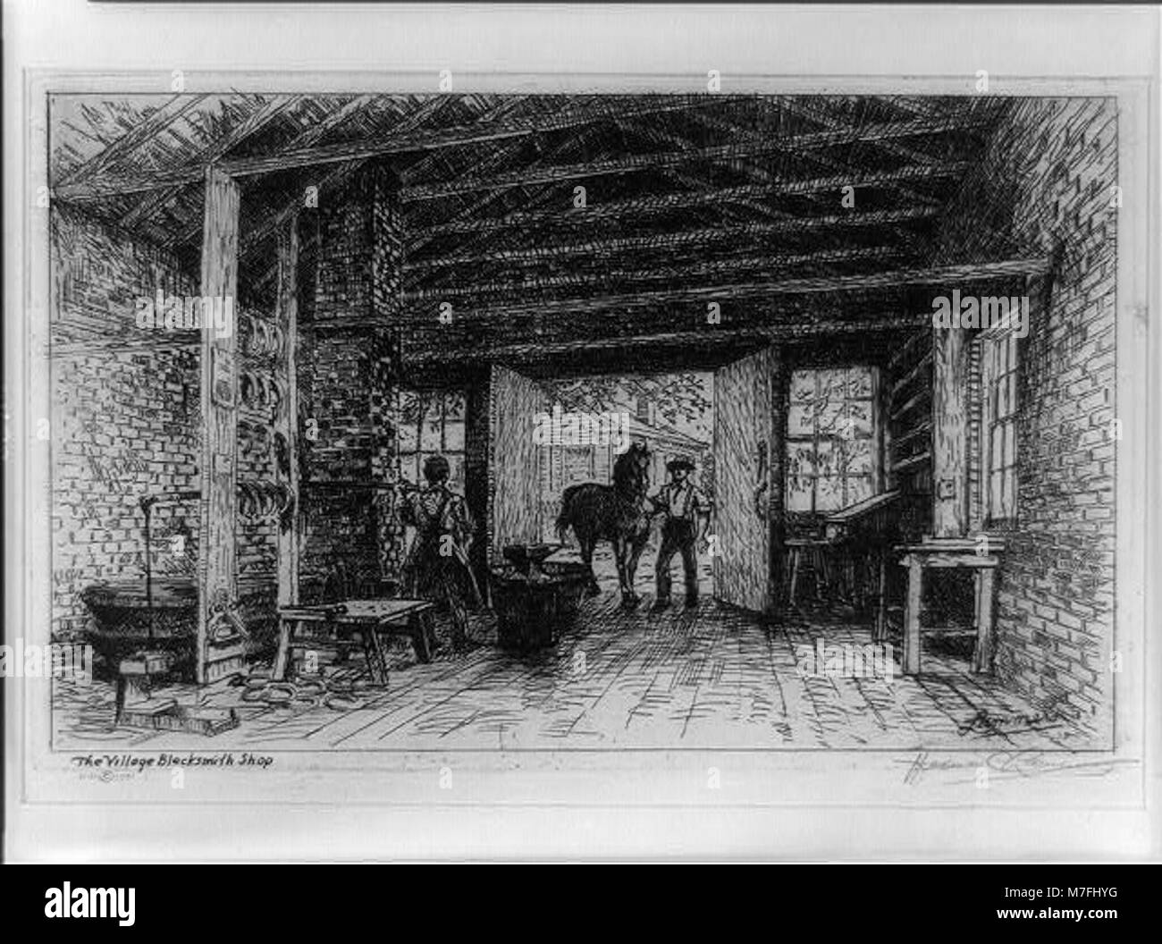 The village blacksmith shop, a depiction of traditional craftsmanship ...