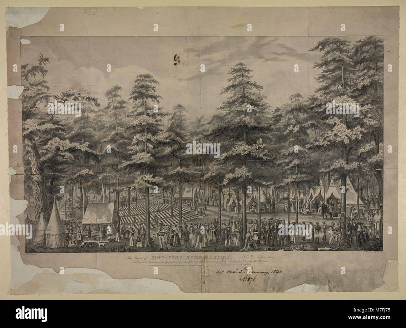 A historical print of the 1838 Sing-Sing camp meeting, depicting ...