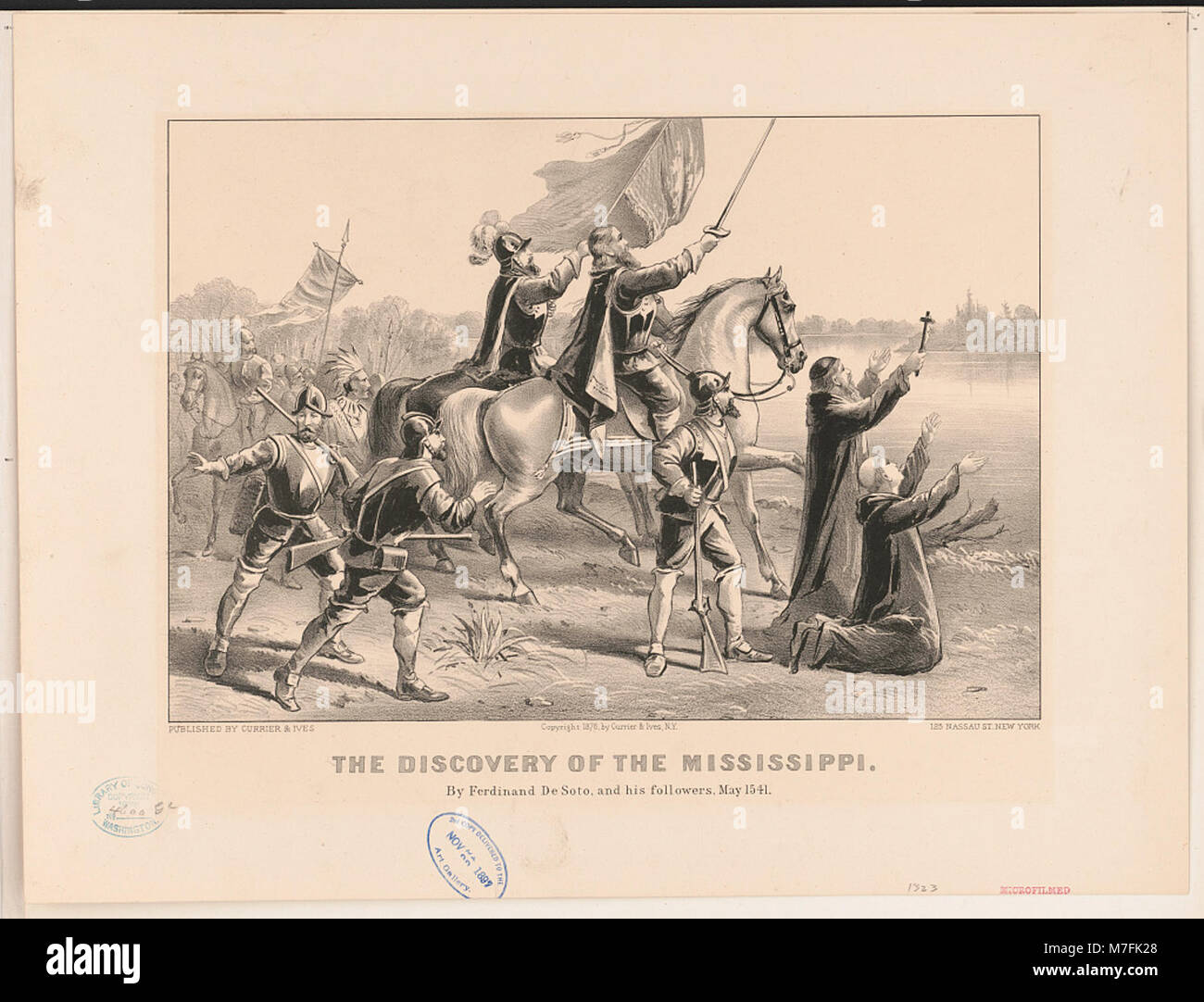 A historical scene depicting the discovery of the Mississippi River by ...
