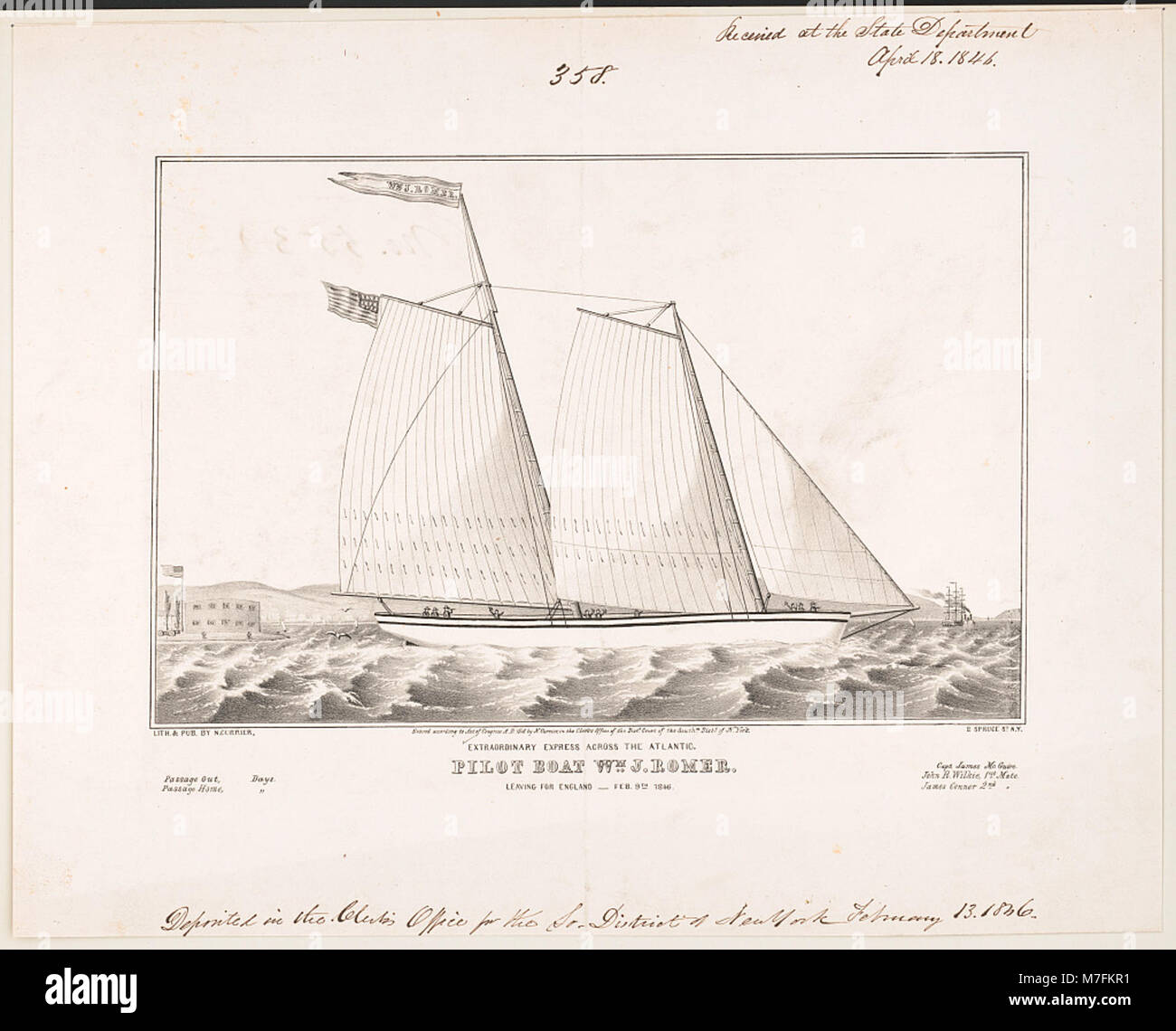 A photograph of the pilot boat Wm. J. Romer leaving for England on ...