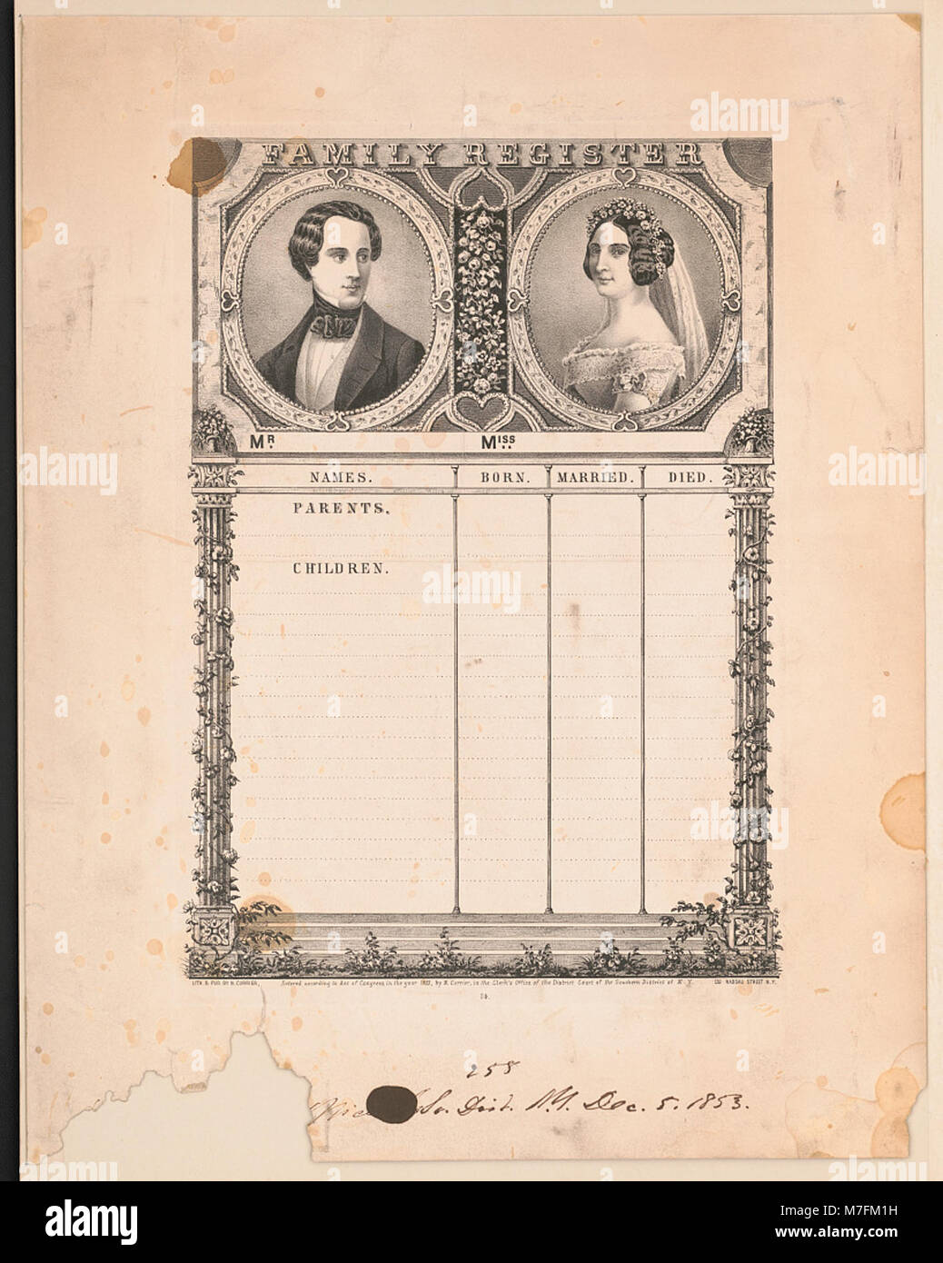 A historical family register, documenting genealogical information for ...