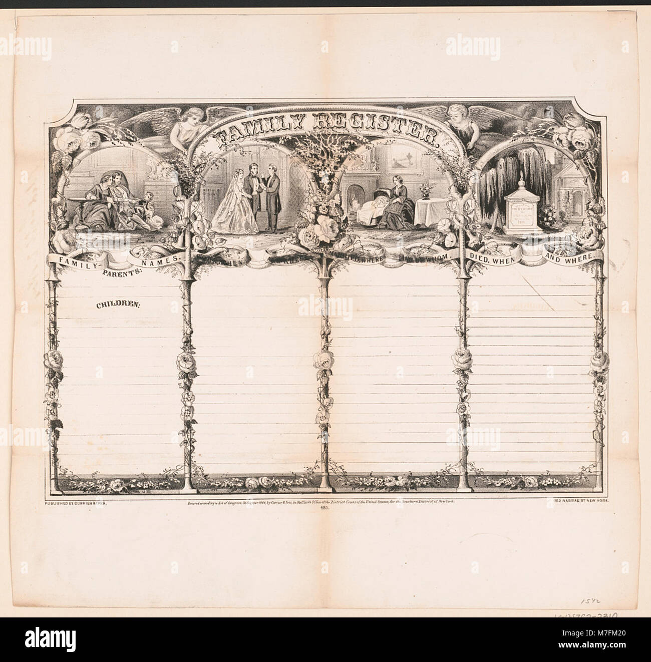 A historical family register document, listing names and dates of ...