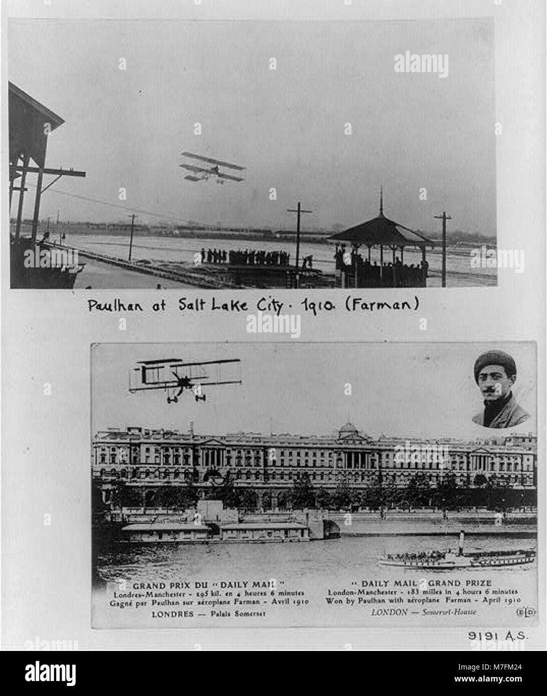 Two historic scenes of Louis Paulhan flying a Farman biplane, first ...