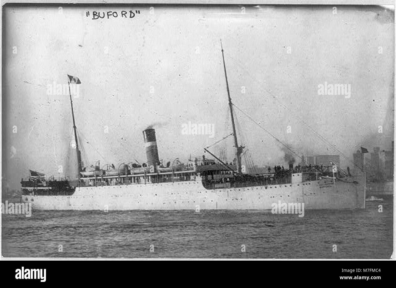 A broadside view of the U.S. Army transport ship BUFORD, famously known ...