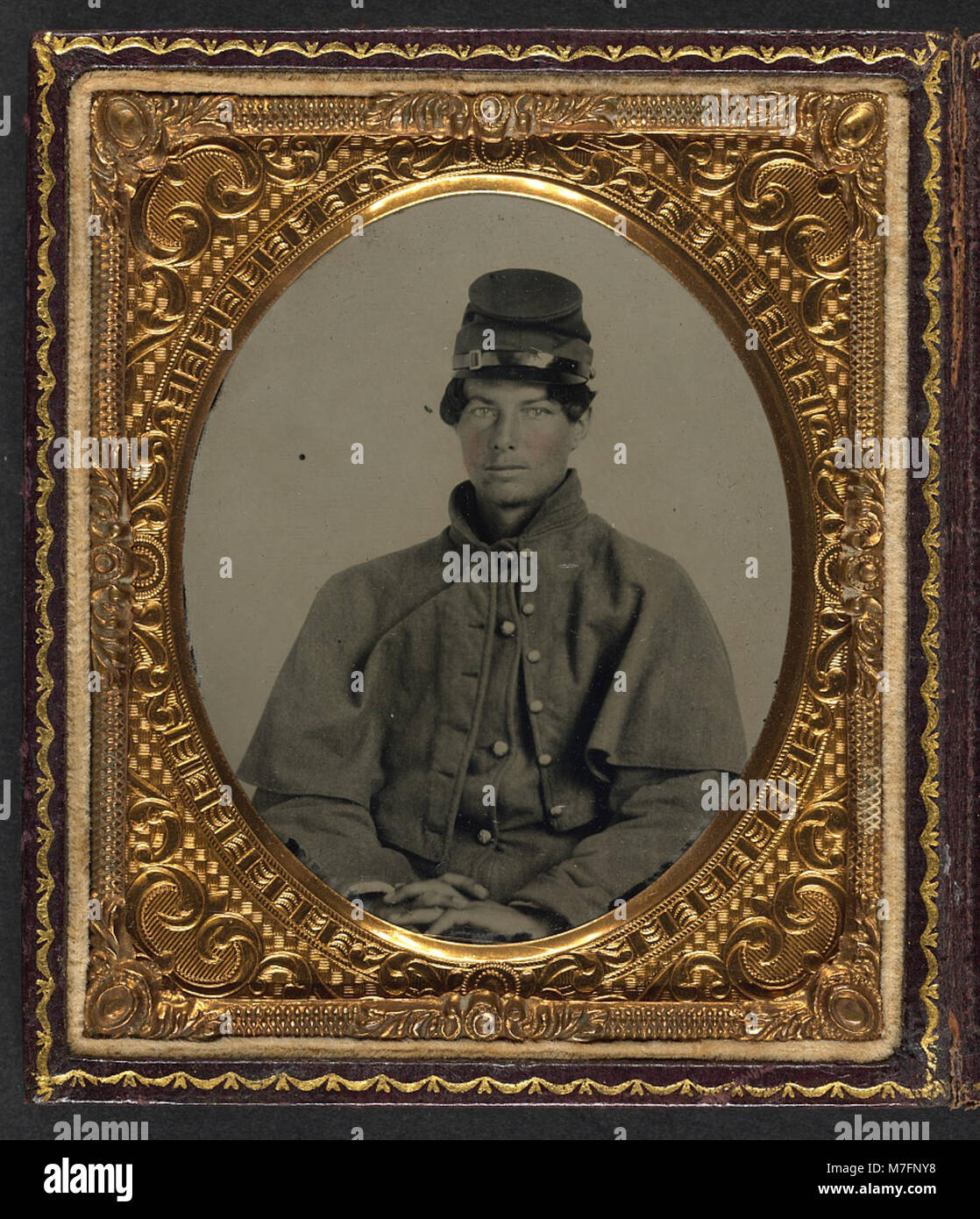 A historical photograph of an unidentified Union soldier, dressed in a ...