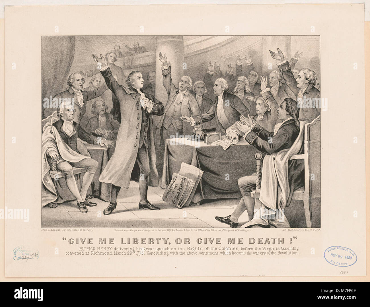 A historical moment capturing Patrick Henry's famous speech before the ...