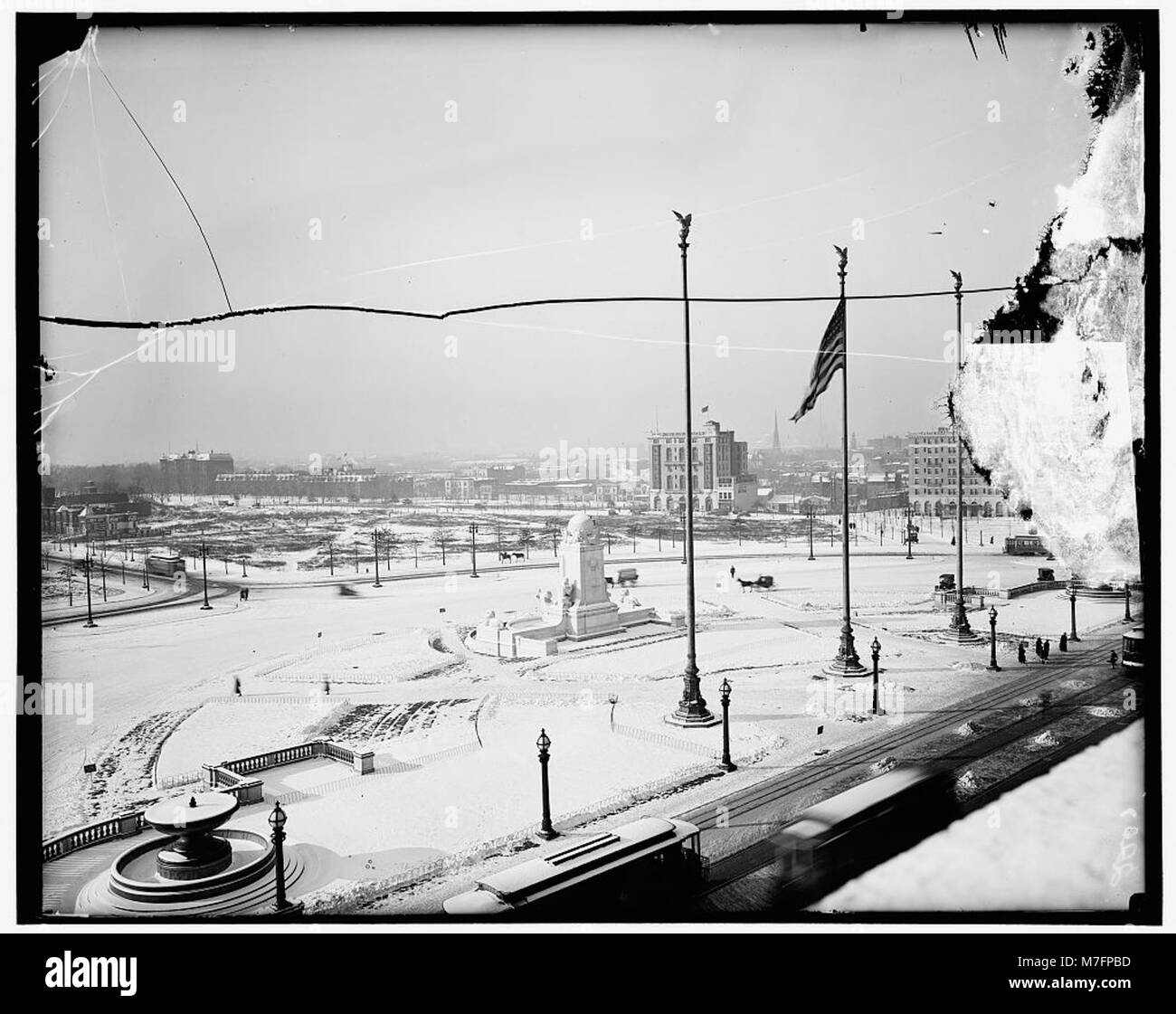 A winter scene of Union Station Plaza, covered in snow. This image ...