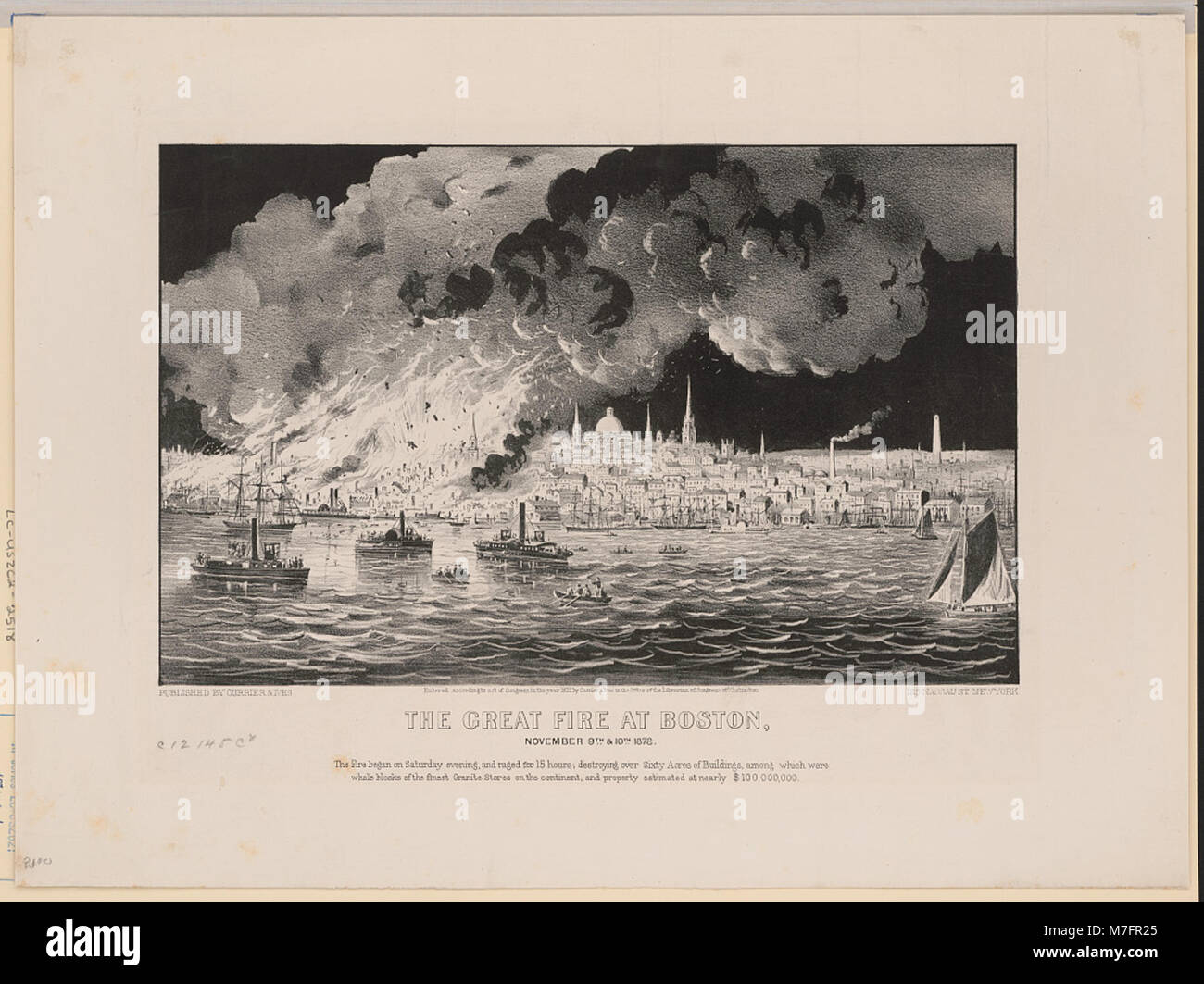 A historical image depicting the aftermath of the great Boston fire ...