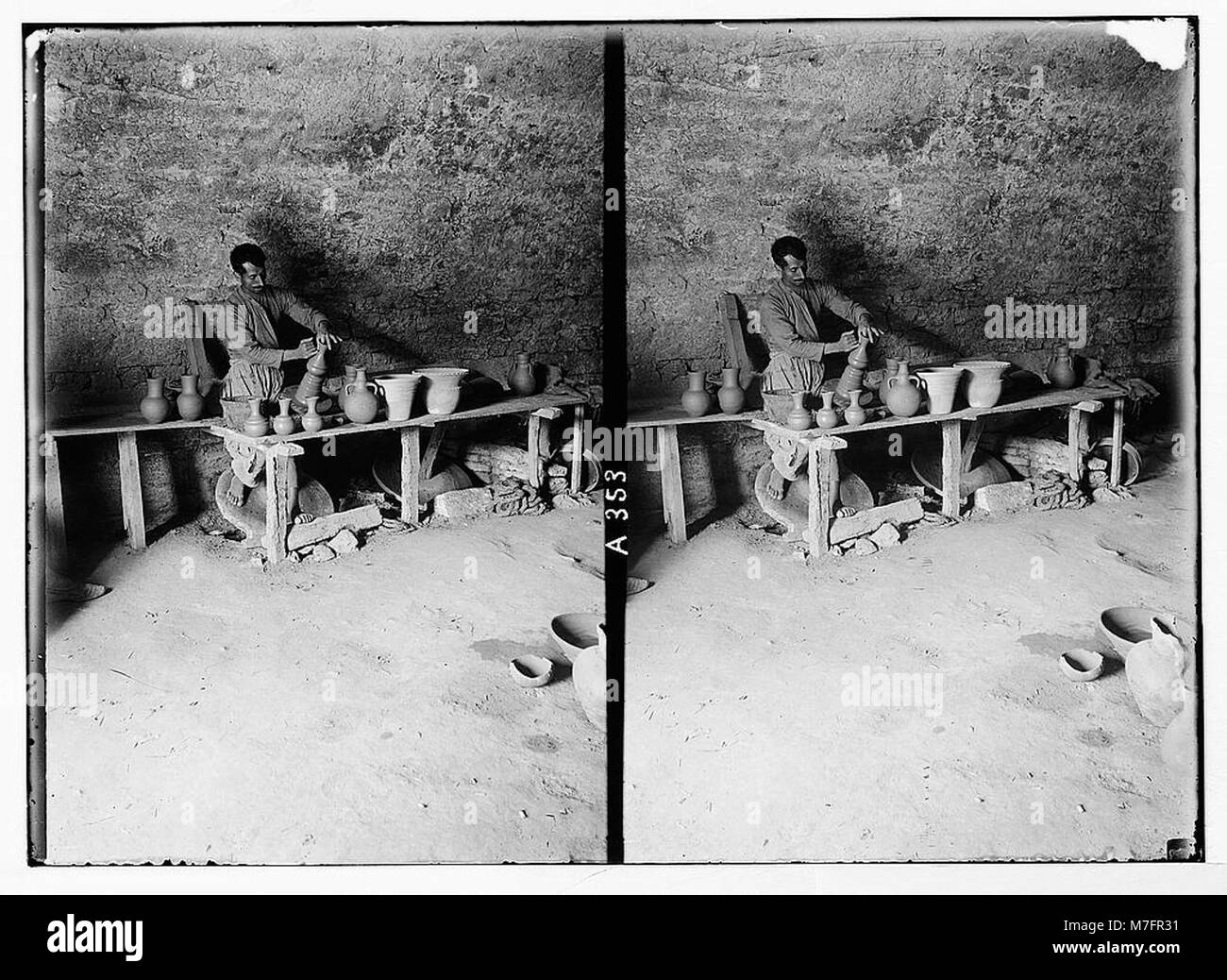 This image depicts a potter at work, showing various types of pottery ...