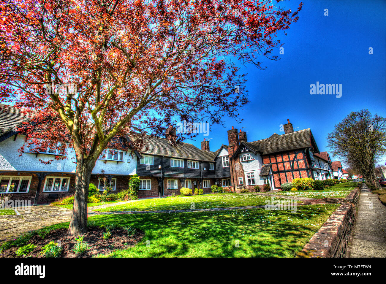 Village of Port Sunlight, England. Artistic spring view of the houses ...