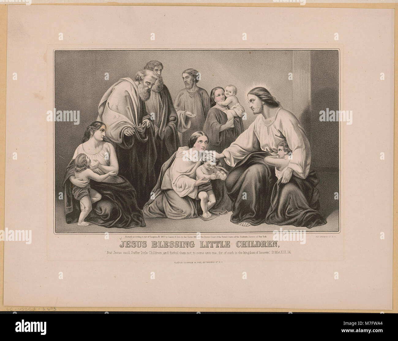 An artwork depicting Jesus Christ blessing little children, capturing a ...