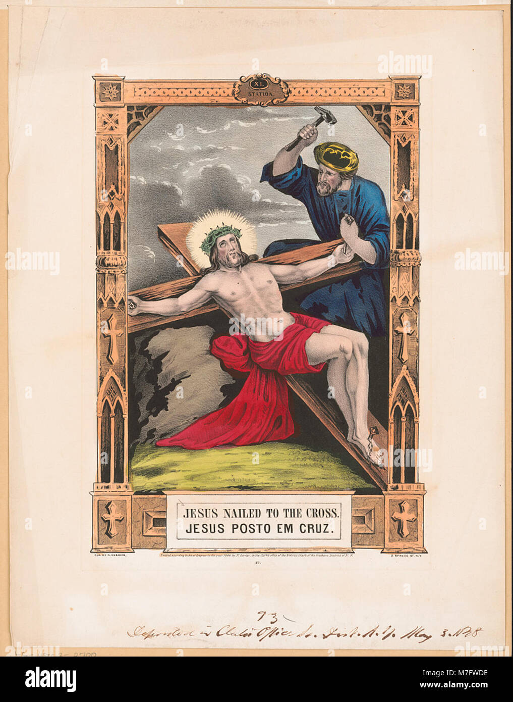 This religious image depicts Jesus nailed to the cross, symbolizing the ...
