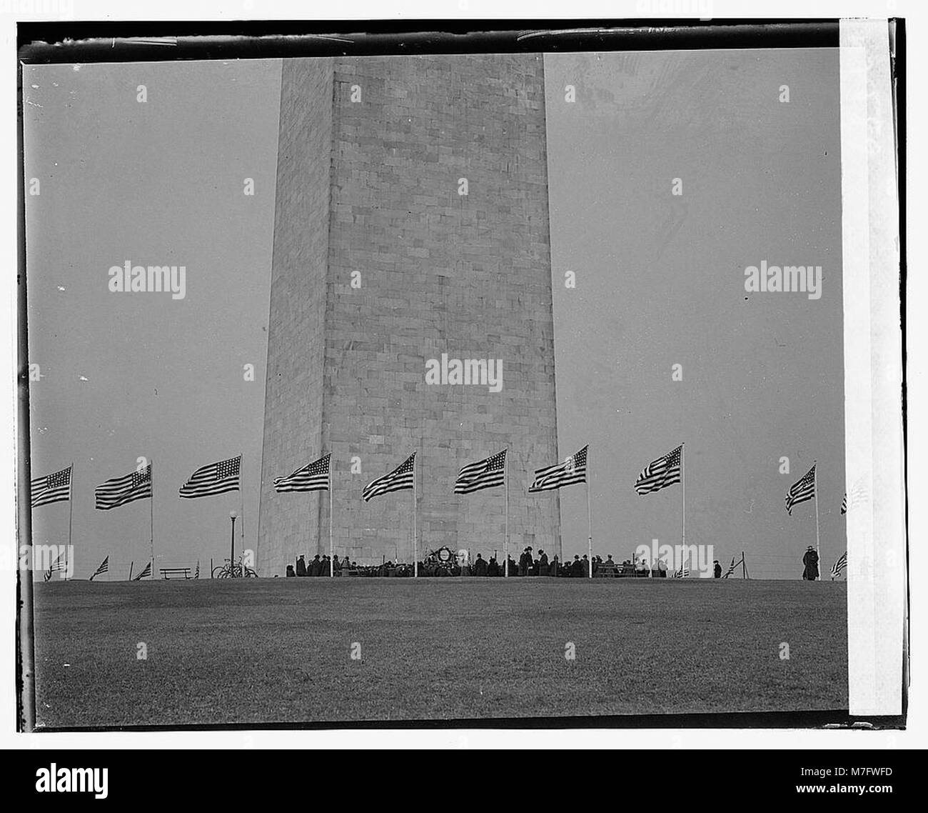 This image shows the lower portion of the Washington Monument, an ...