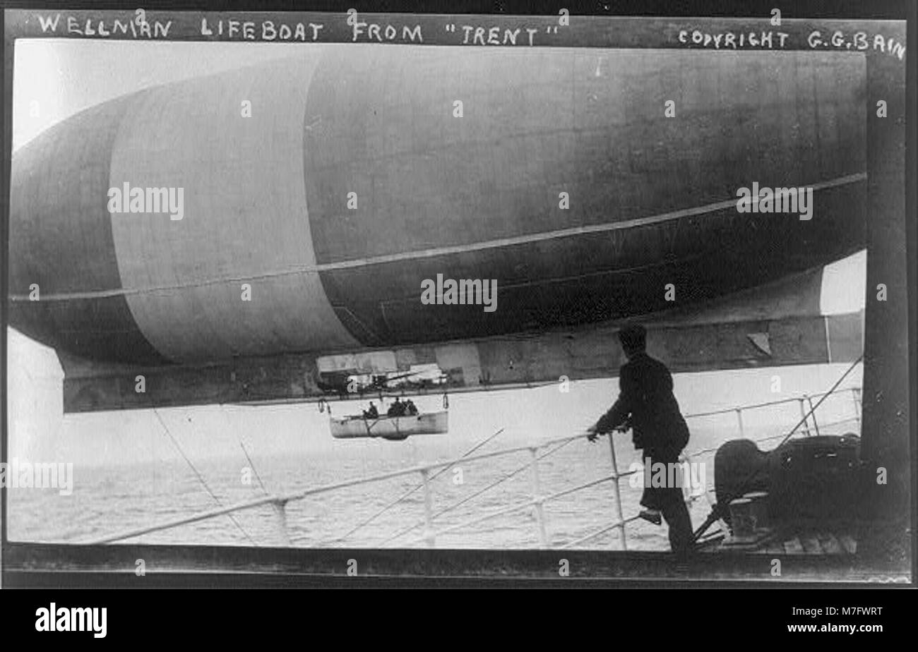 A historical photograph capturing Wellman's airship 'America' as seen ...