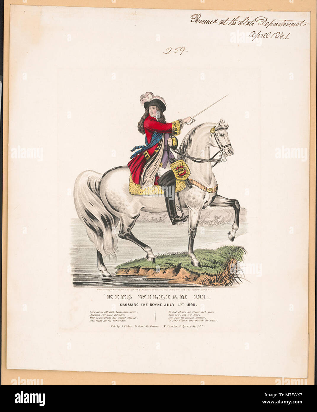 An historical scene depicting King William III crossing the Boyne on ...