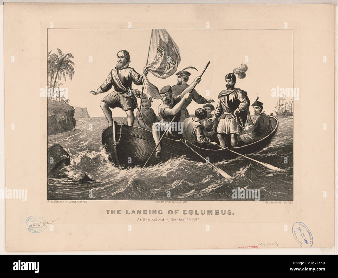 A historical illustration depicting Christopher Columbus's landing at ...