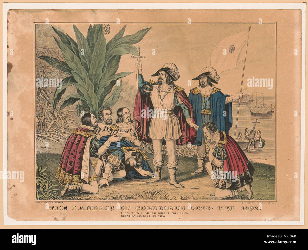 A historic representation of Christopher Columbus' landing in the New ...