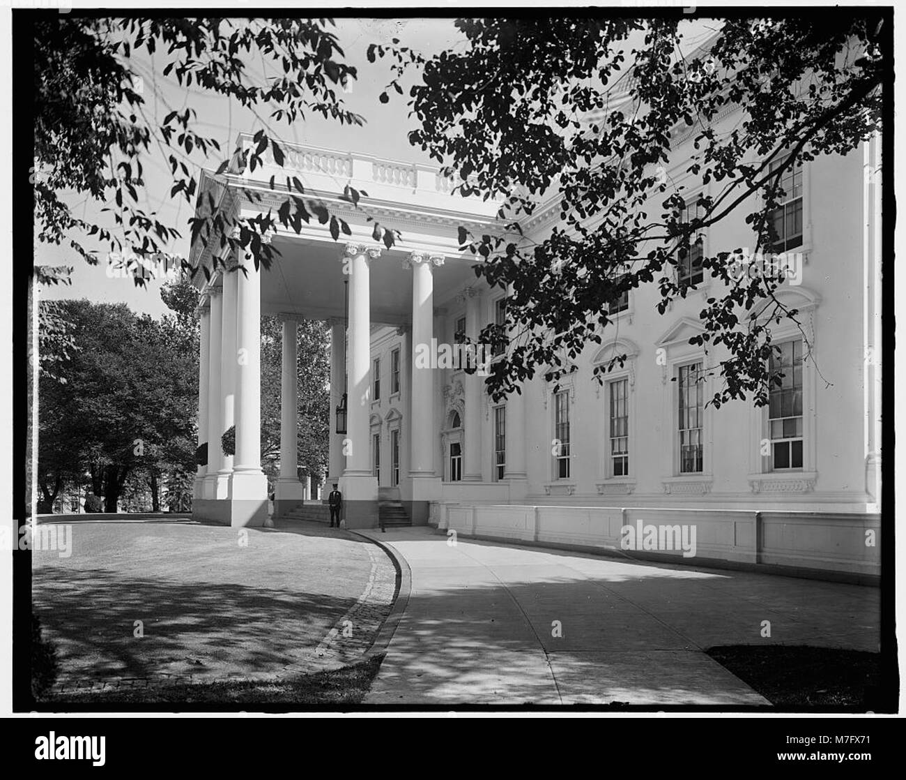 A photograph of the North Portico of the White House, captured in the ...