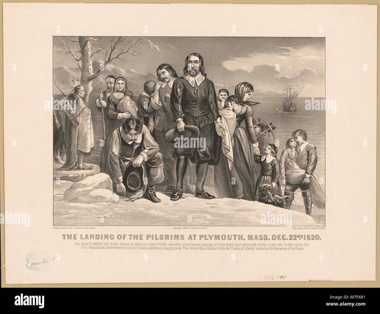 This historical illustration depicts the landing of the Pilgrims at ...