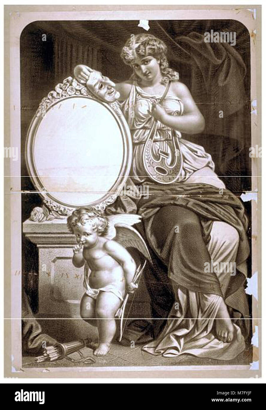 A portrait of a woman seated with a lyre, a thespian's mask, and Cupid ...
