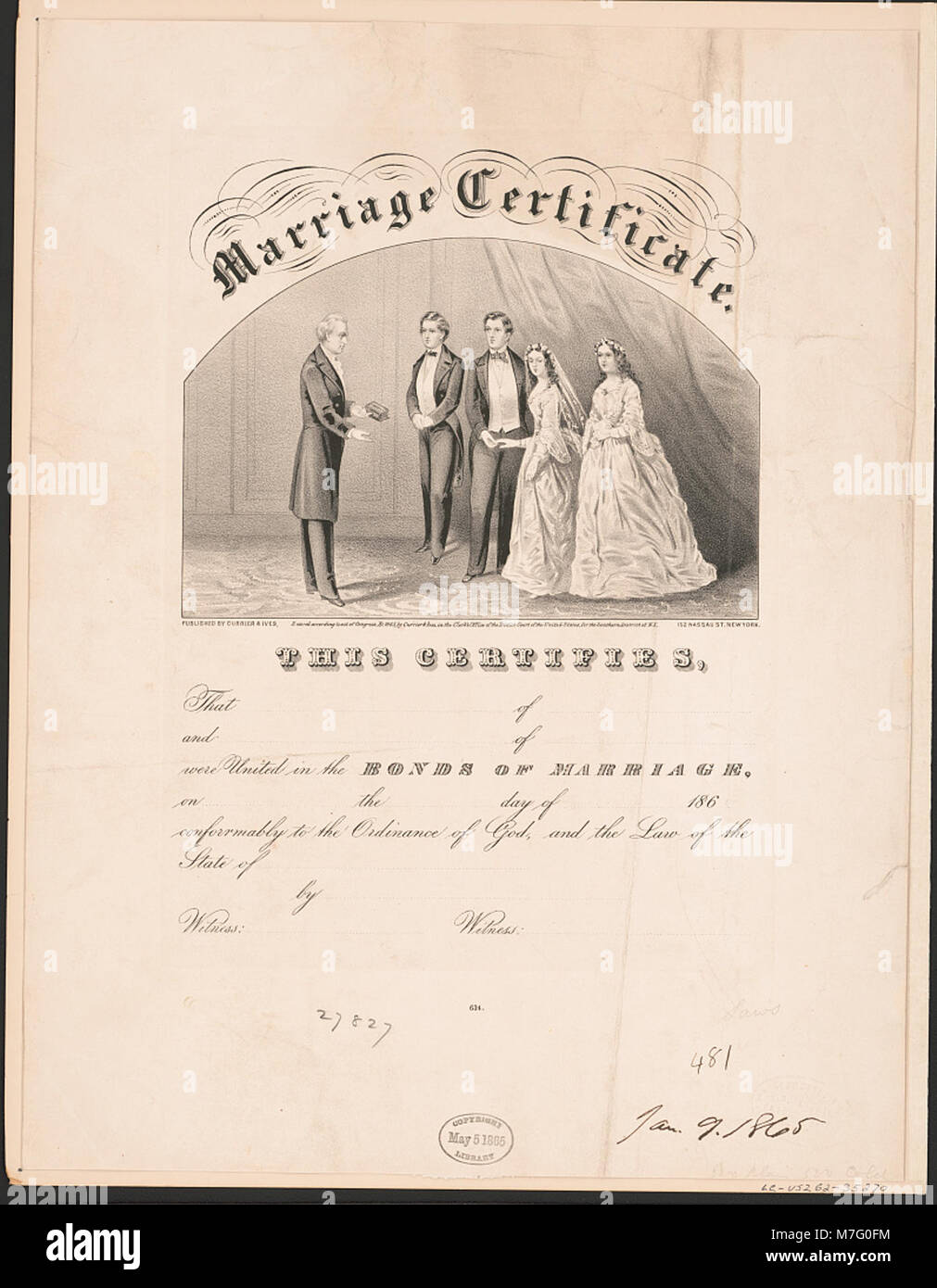 A historical marriage certificate, documenting the union between two ...