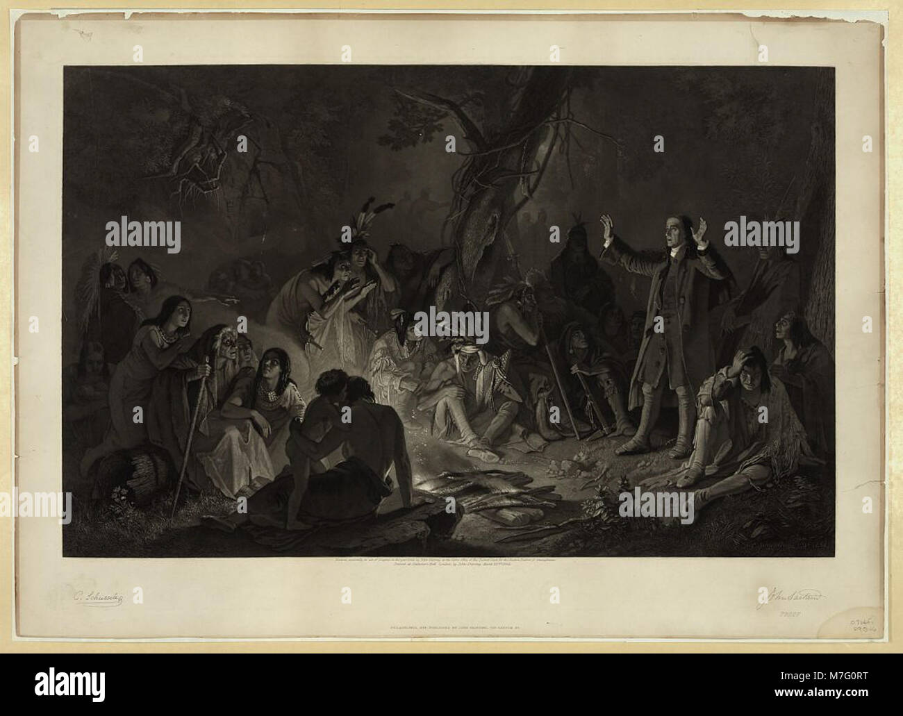 The image depicts the missionary David Zeisberger preaching to Native ...