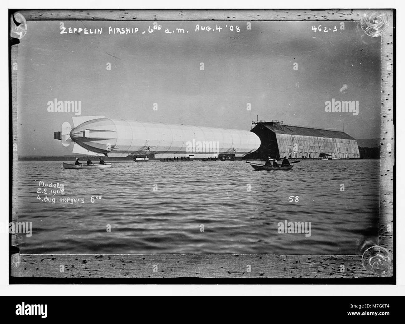A photograph capturing a Zeppelin airship at 6:05 AM on August 4, 1908 ...