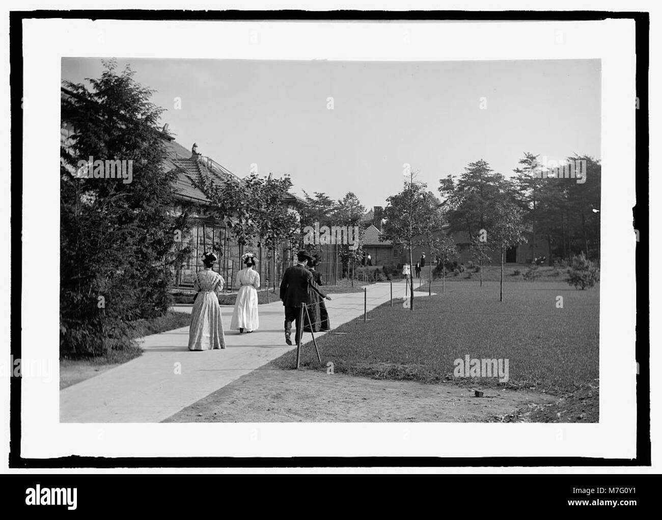 A historical image showing a zoo, likely from the early 20th century ...