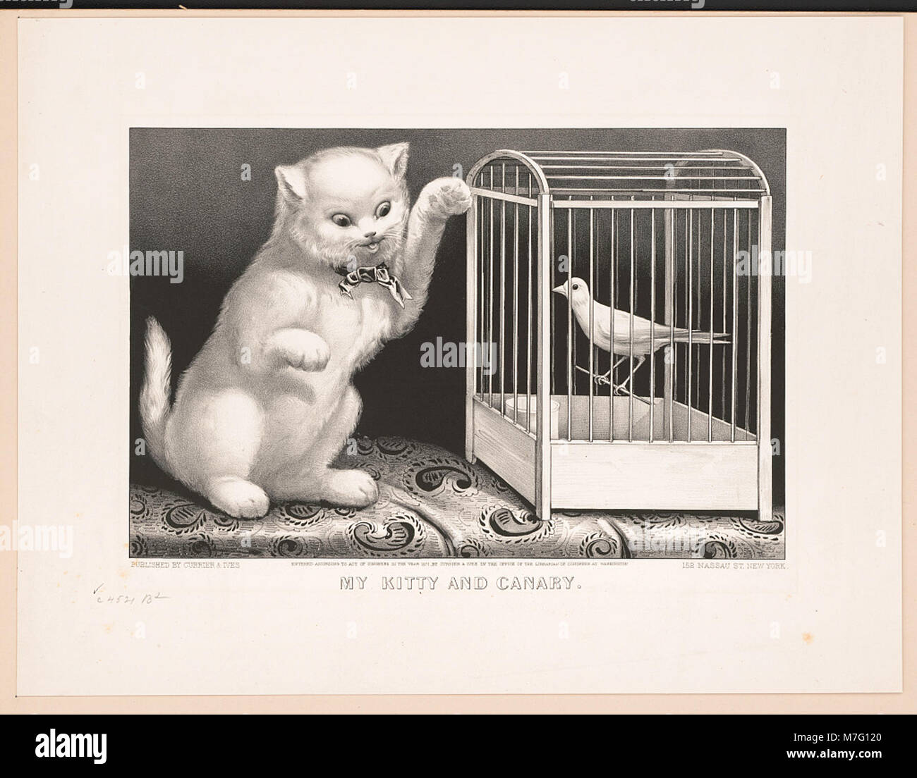 A photograph depicting a cat and a canary together, capturing a ...