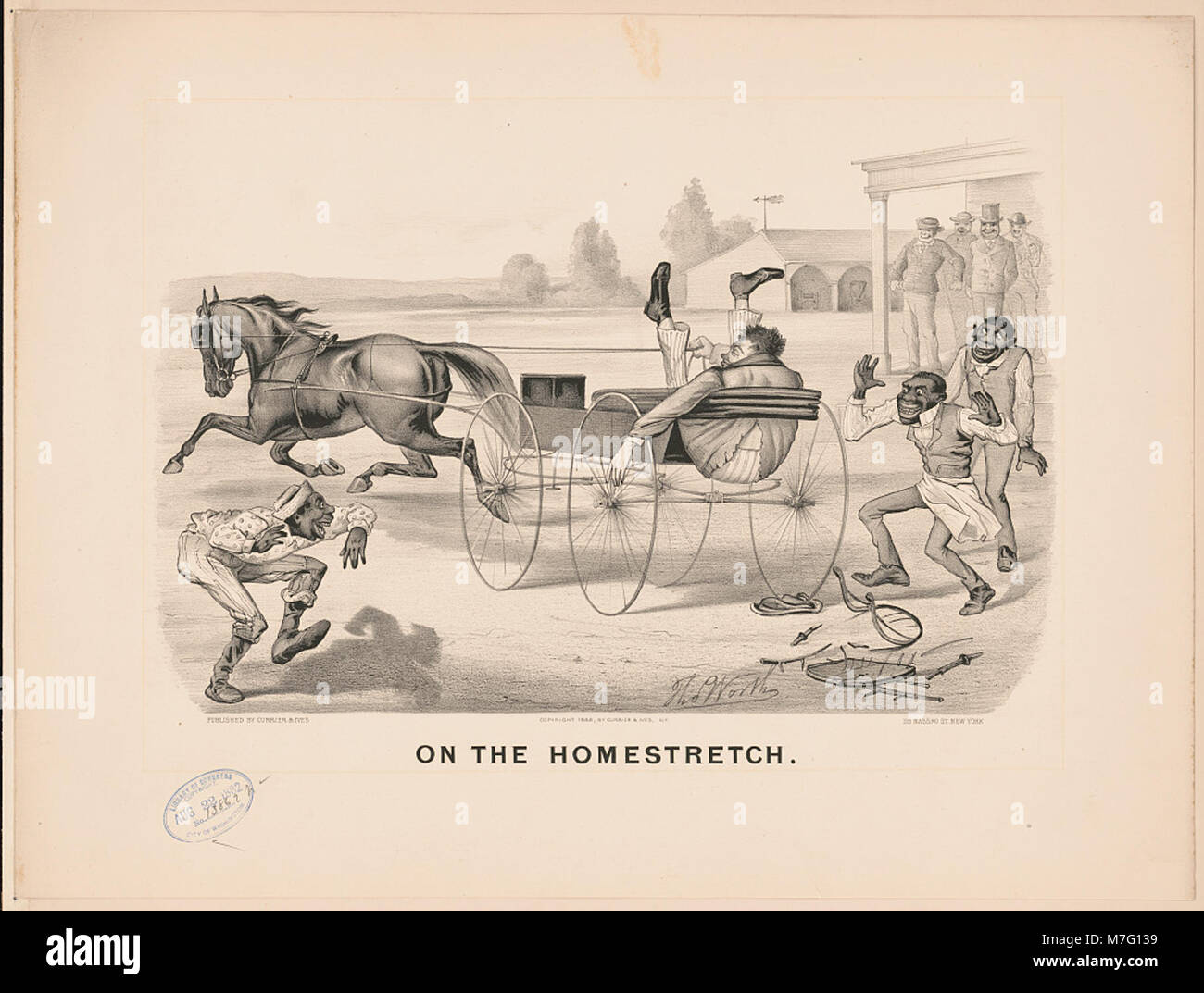 This photograph captures a race on the homestretch, depicting the ...