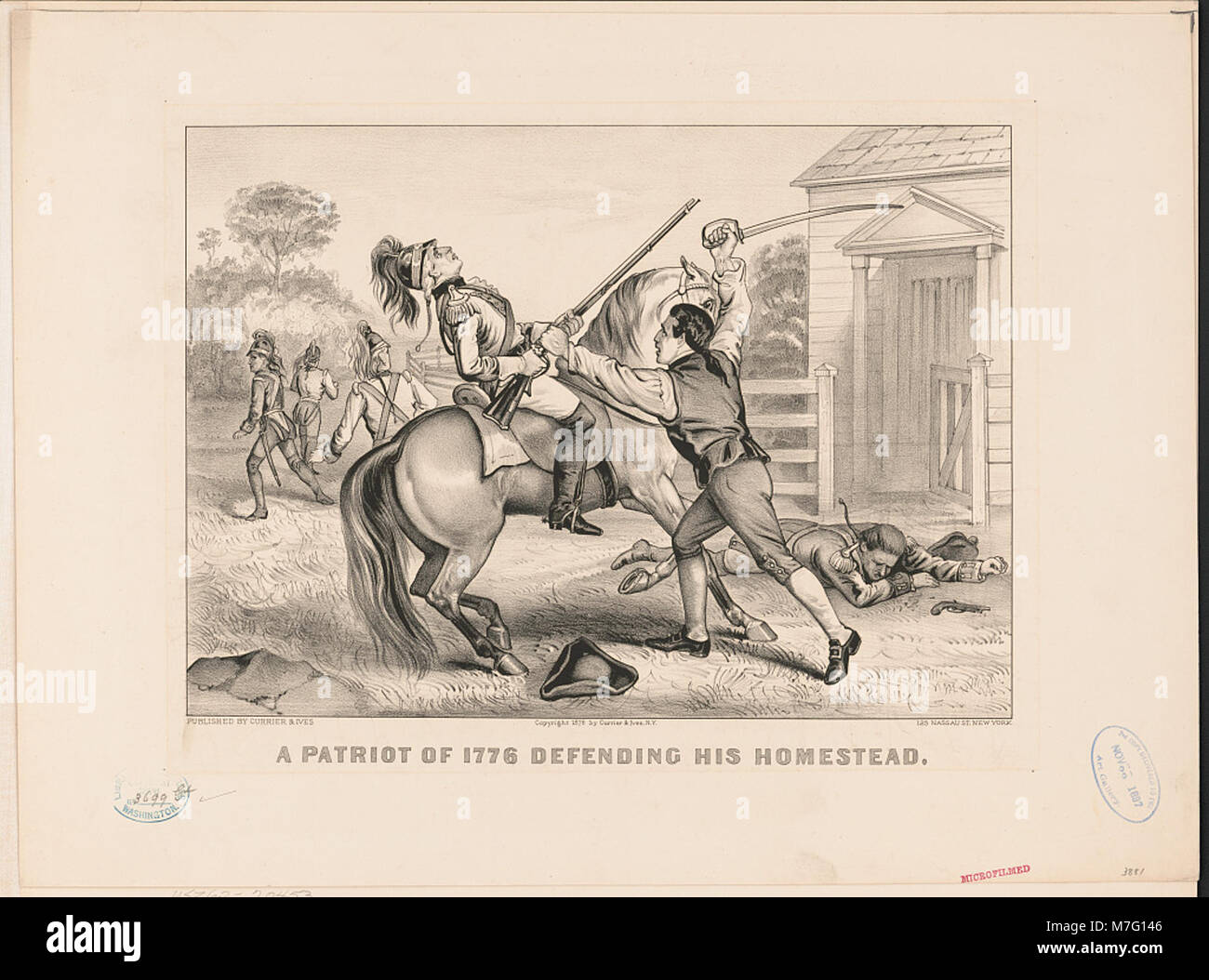A depiction of a 1776 patriot defending his homestead during the ...