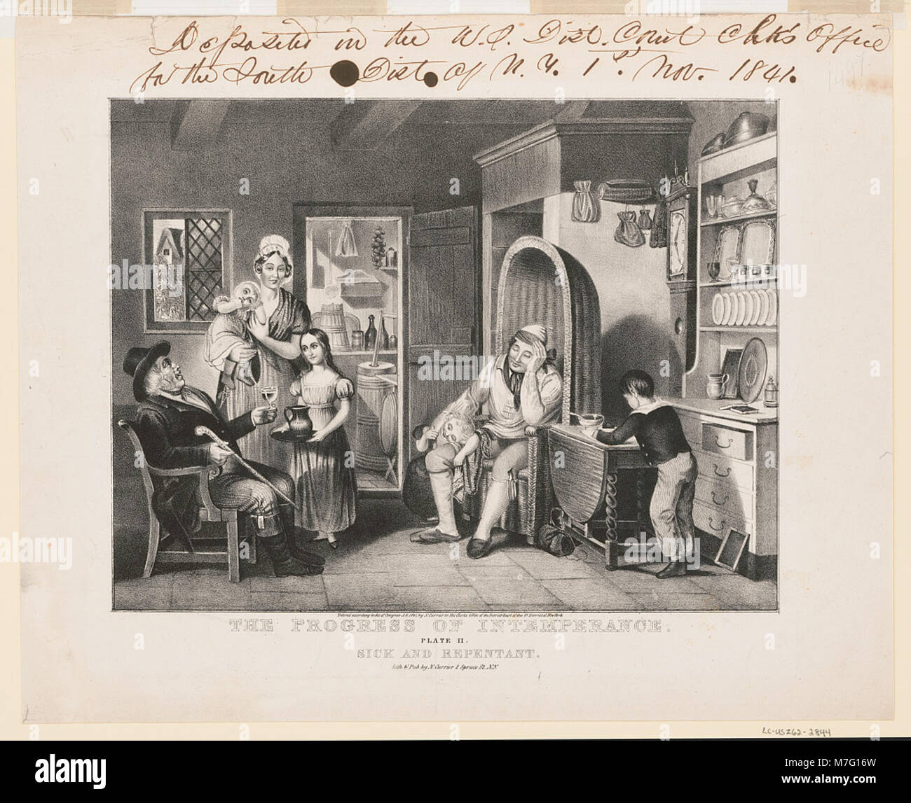 A historical image illustrating the progress of intemperance, showing a ...