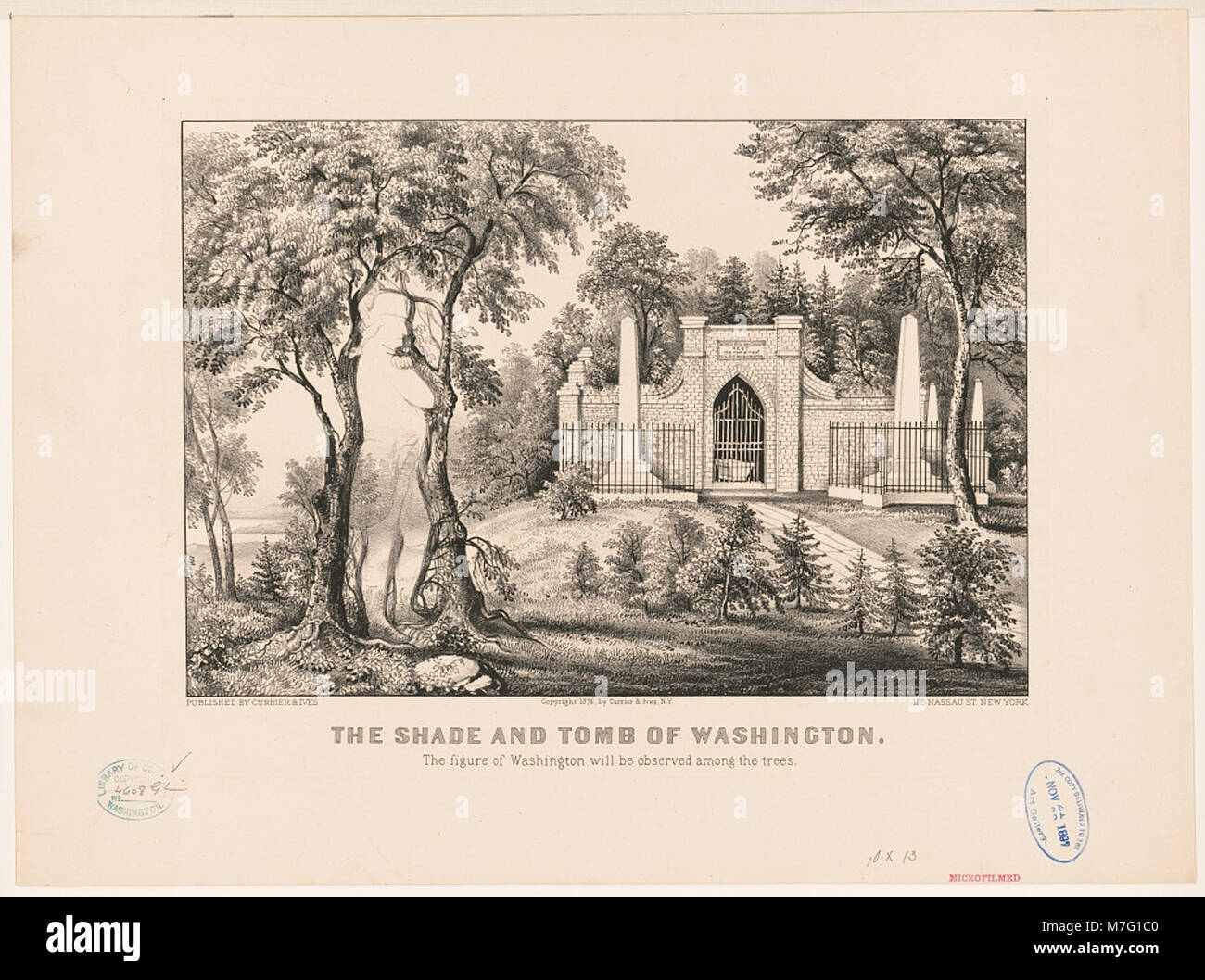 This image features the tomb of George Washington, surrounded by trees ...