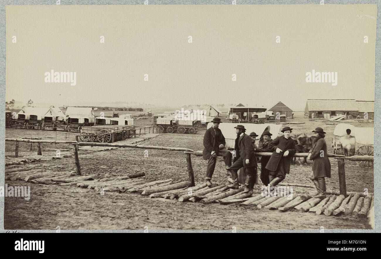 A photograph from the American Civil War depicting the winter quarters ...
