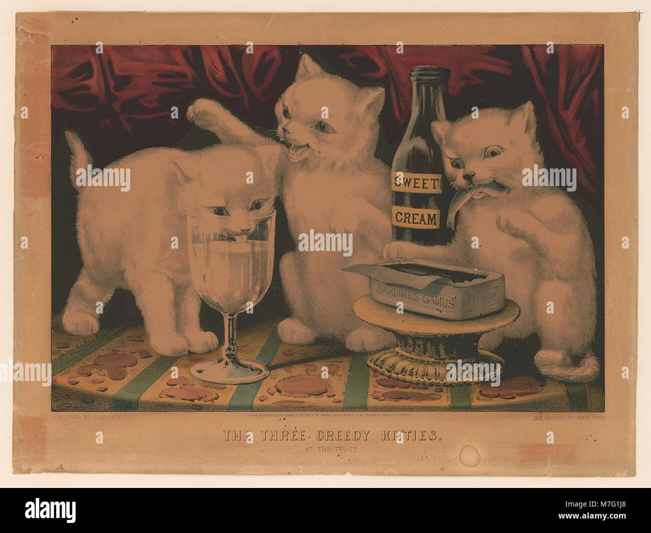The image depicts three cats eagerly eating at a feast, highlighting ...