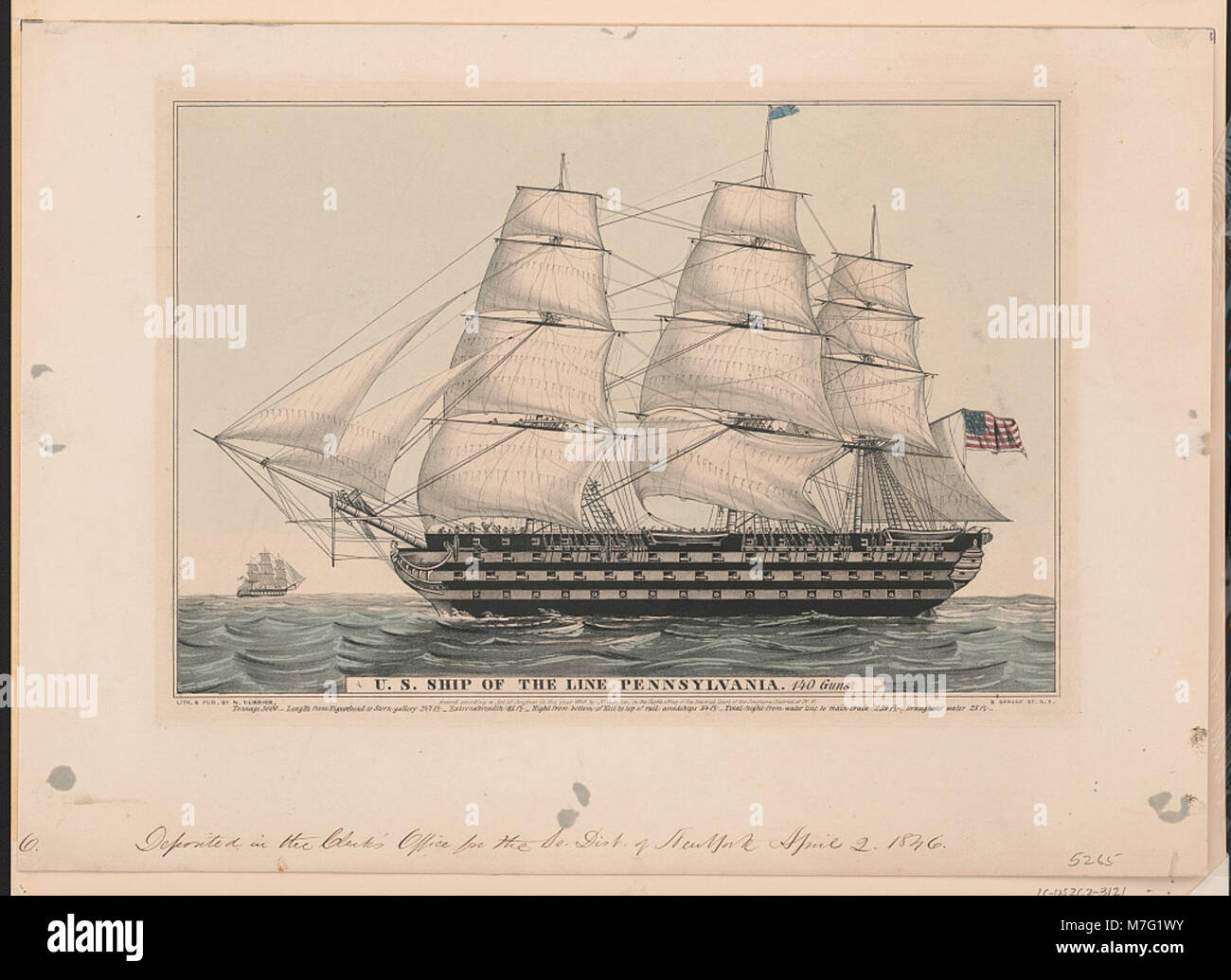 A depiction of the U.S. ship of the line *Pennsylvania*, a 140-gun ...