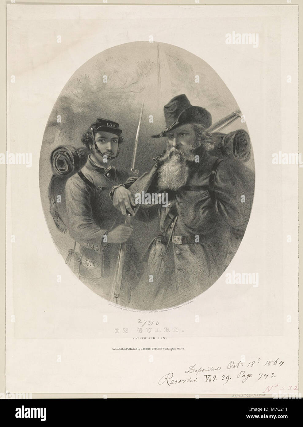 A lithograph depicting a father and son on guard, likely from the 19th ...