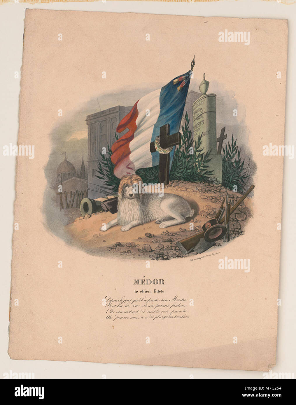 A French lithograph titled 'M'dor le chien fidéle', depicting a loyal ...