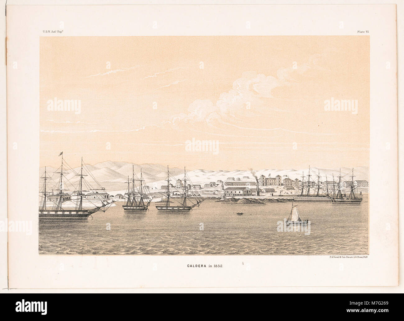 This image shows a view of a caldera in 1852, likely depicting a ...