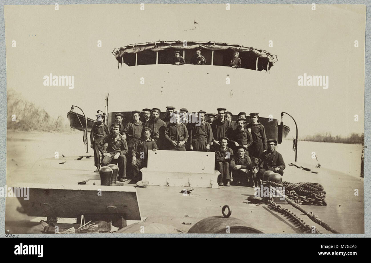This image shows the crew aboard the U.S.S. Saugus, a monitor warship ...