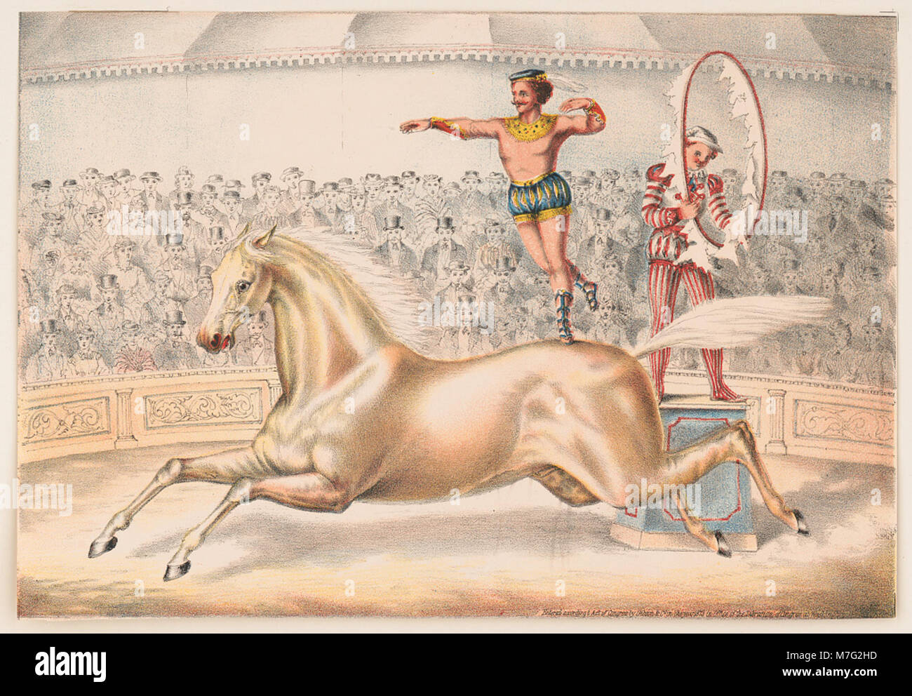 A circus performer is captured mid-action, leaping through a ring of ...