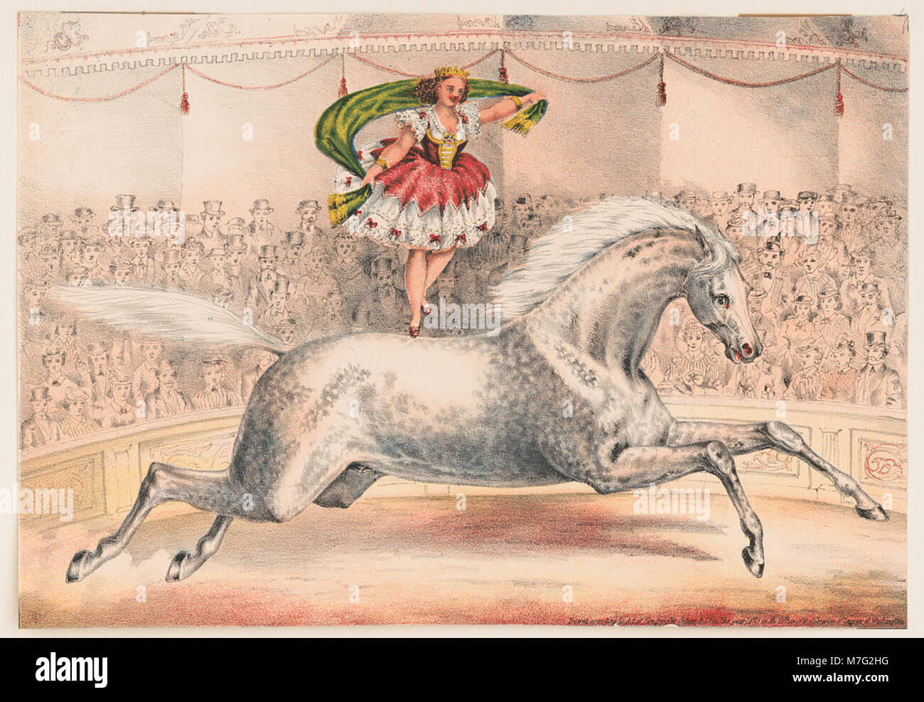 A circus performer is shown balancing on the back of a horse, a classic ...