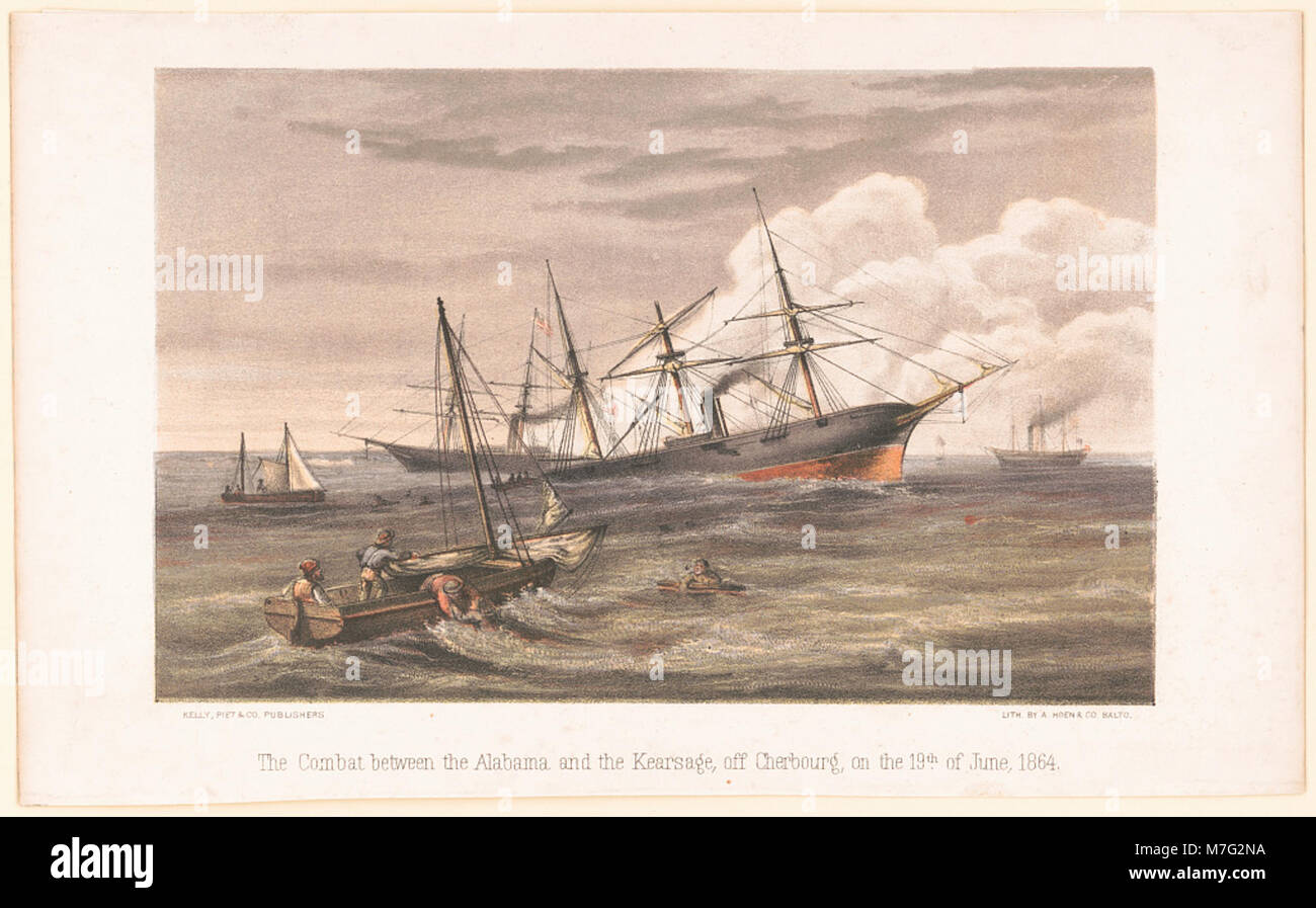 A historical scene depicting the naval battle between the Confederate ...