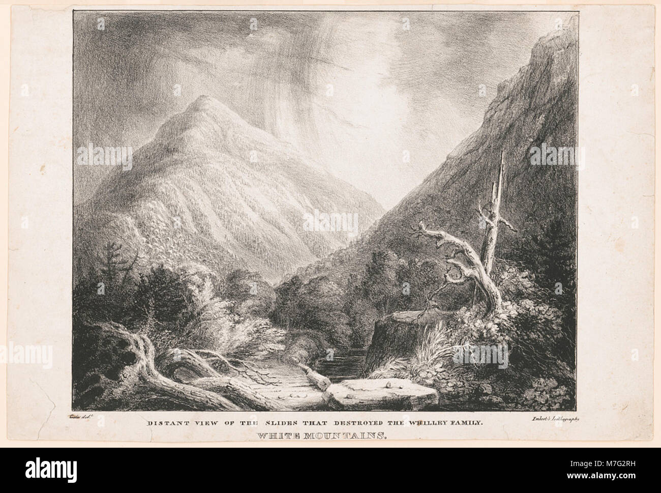 A lithographic print depicting the White Mountains and the destruction ...