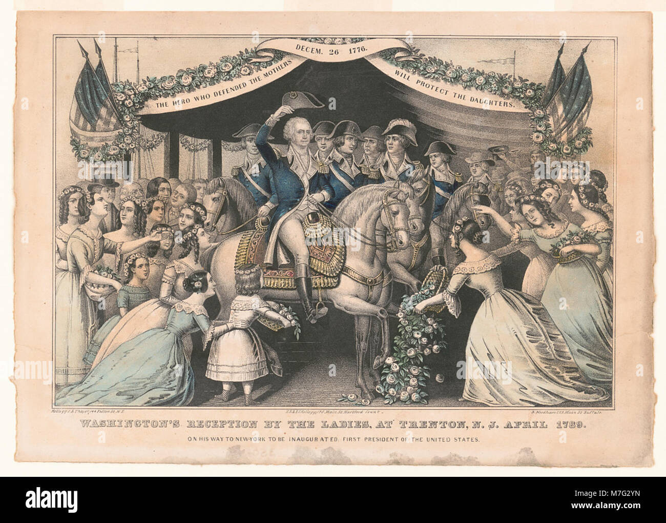 A historical image of George Washington being warmly received by women ...