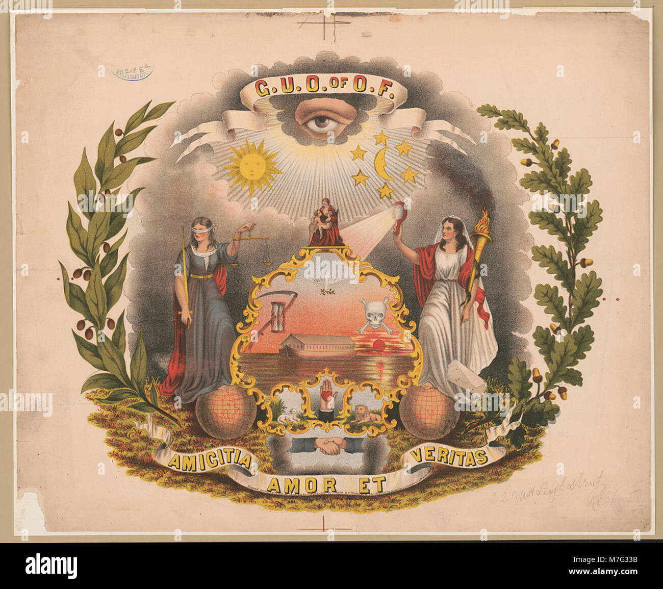 A Masonic certificate from the G.U.O. of O.F., highlighting the symbols ...