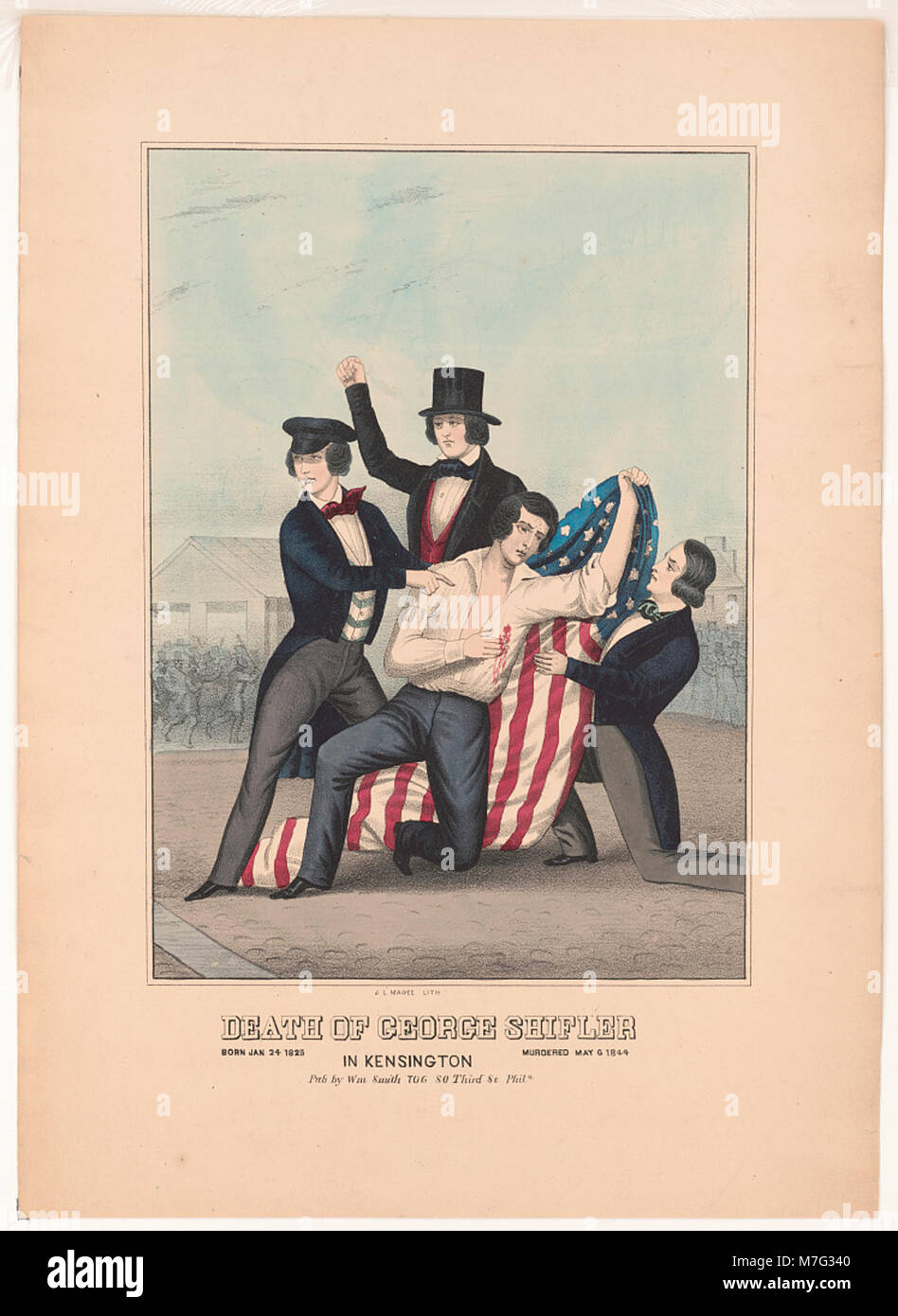 The lithograph depicts the tragic death of George Shifler, born in 1825 ...
