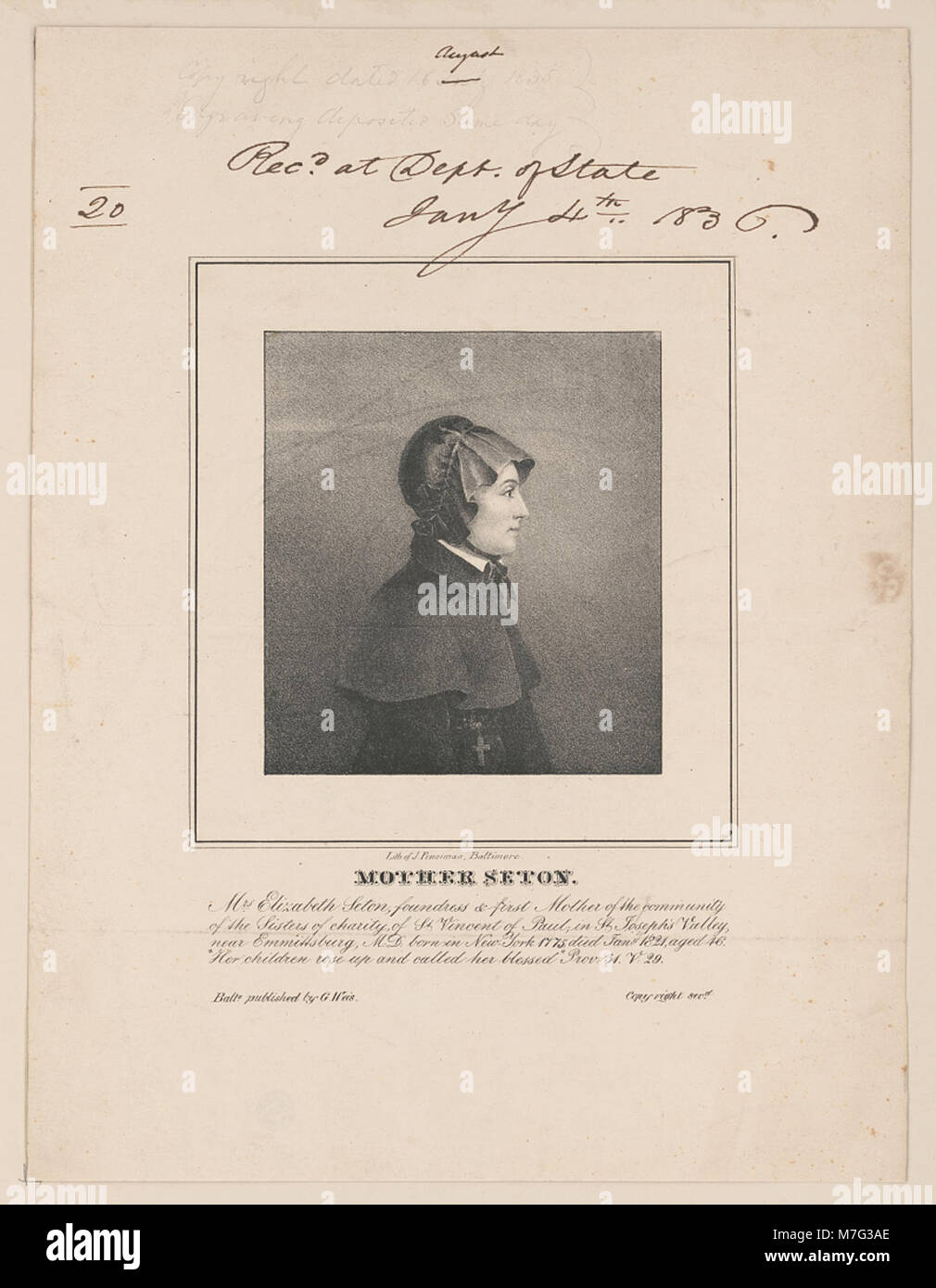 A portrait of Mother Seton, founder of the Sisters of Charity ...