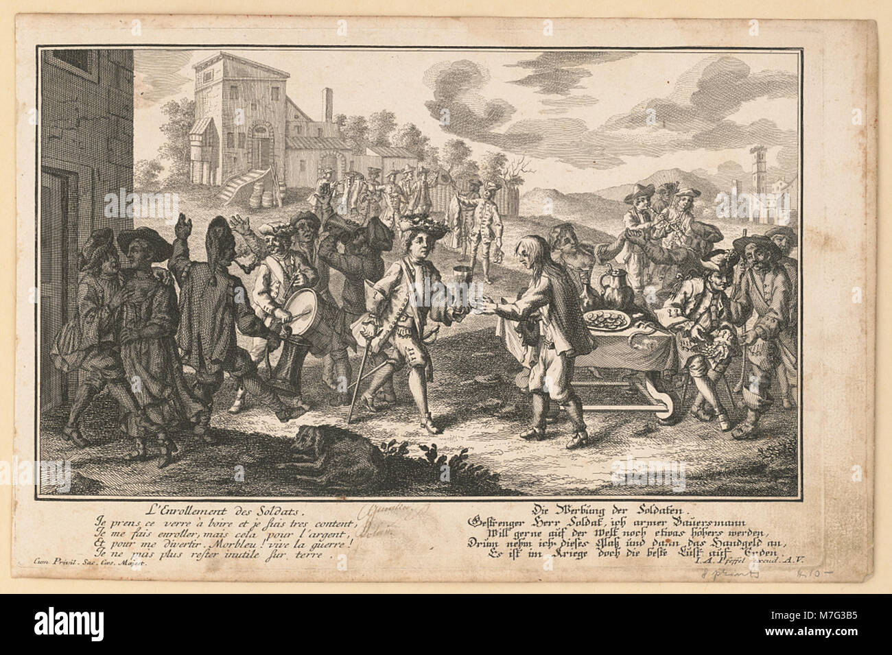 A historical illustration depicting the enlistment of soldiers ...