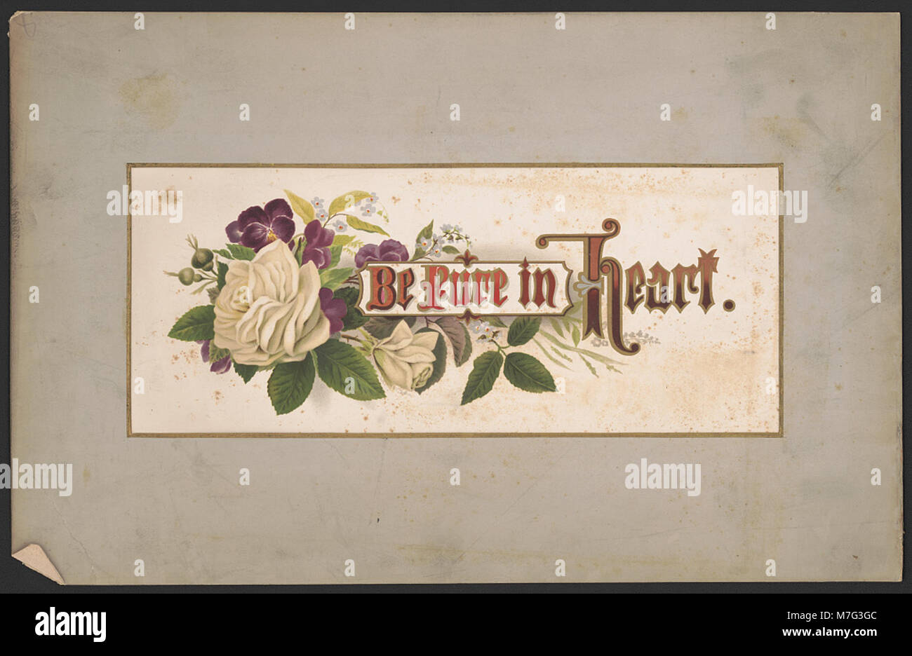 A decorative floral motto, 'Be pure in heart,' designed by Prang ...